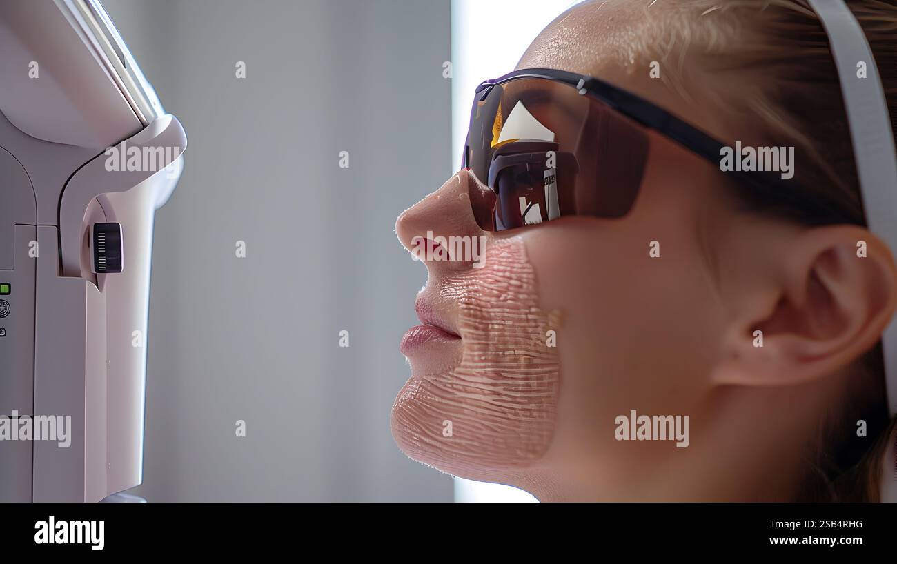 A detailed side profile view of a laser treatment being administered on ...