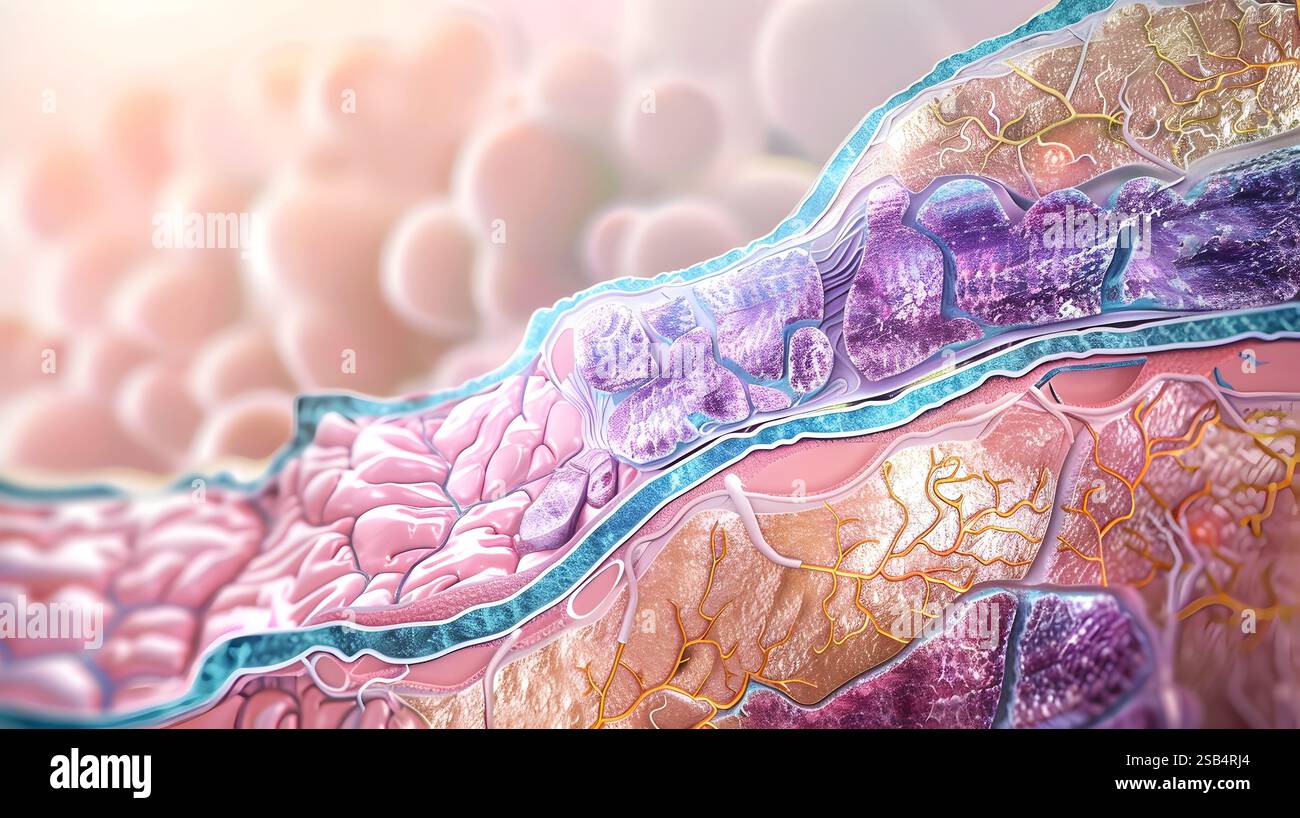 This medical offers a detailed, side view of the skin's anatomy ...