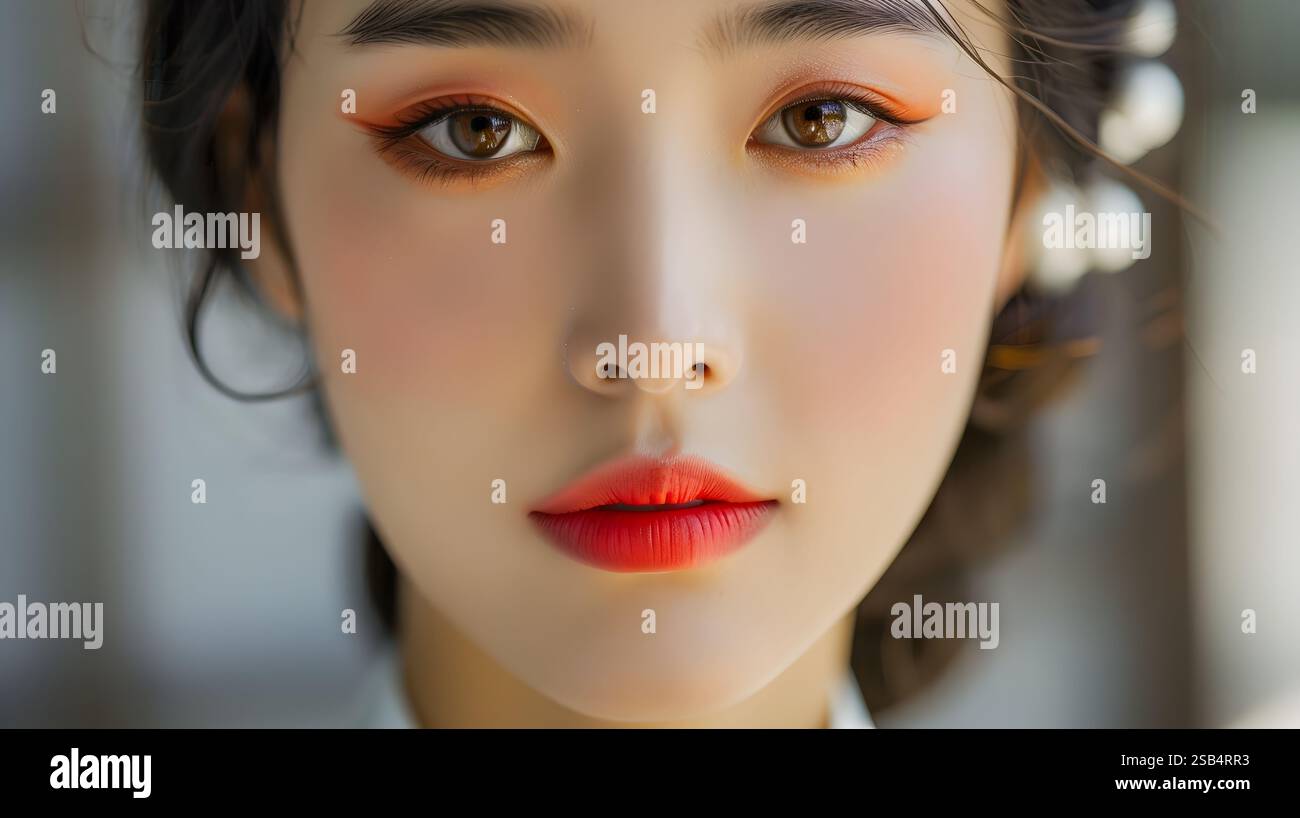 A close-up image of a young woman's face, adorned with traditional ...