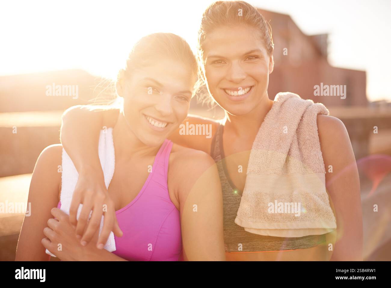 Fitness, twins and portrait of happy women in city for exercise ...