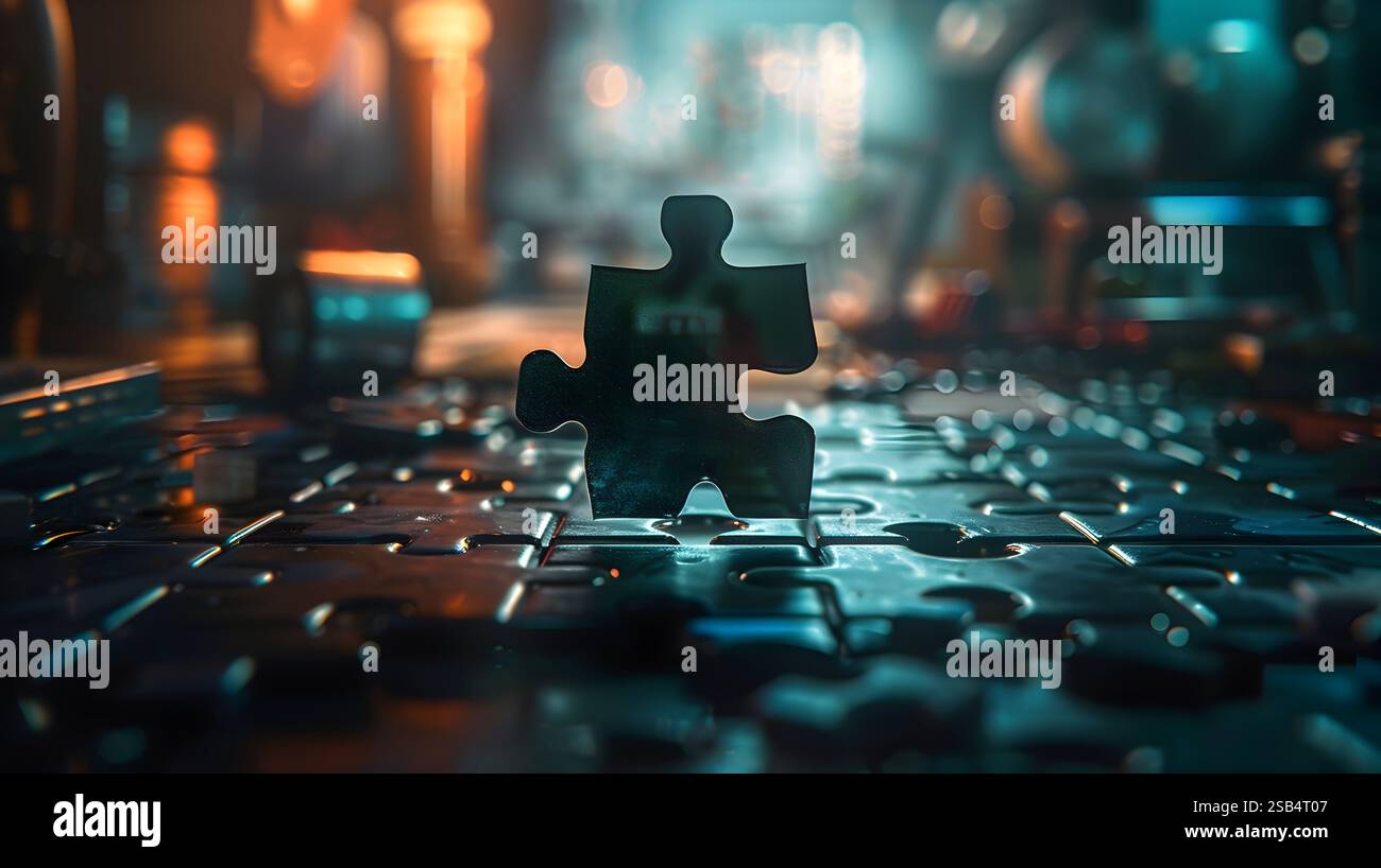 A macro shot of a single jigsaw puzzle piece hovering over its fitting ...