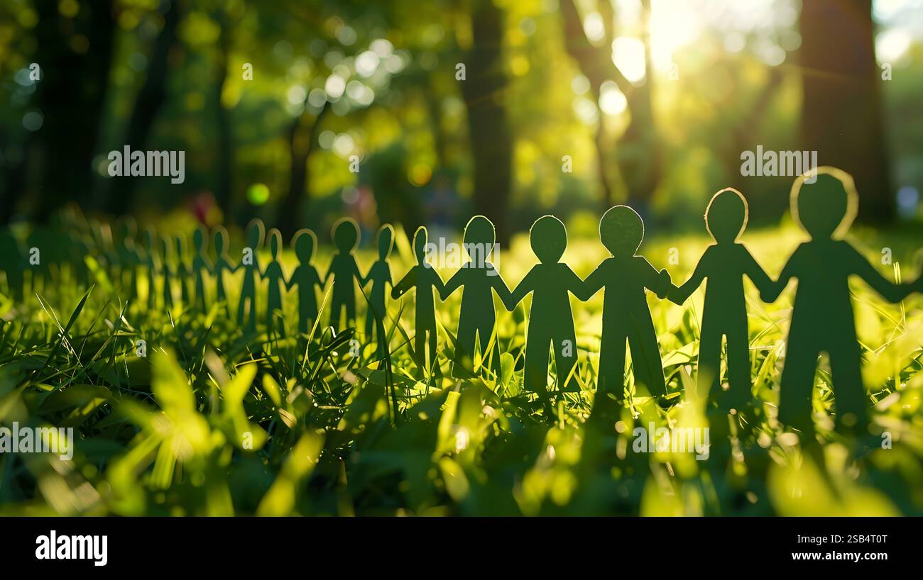 A chain of paper people, crafted from recycled materials, spreads ...