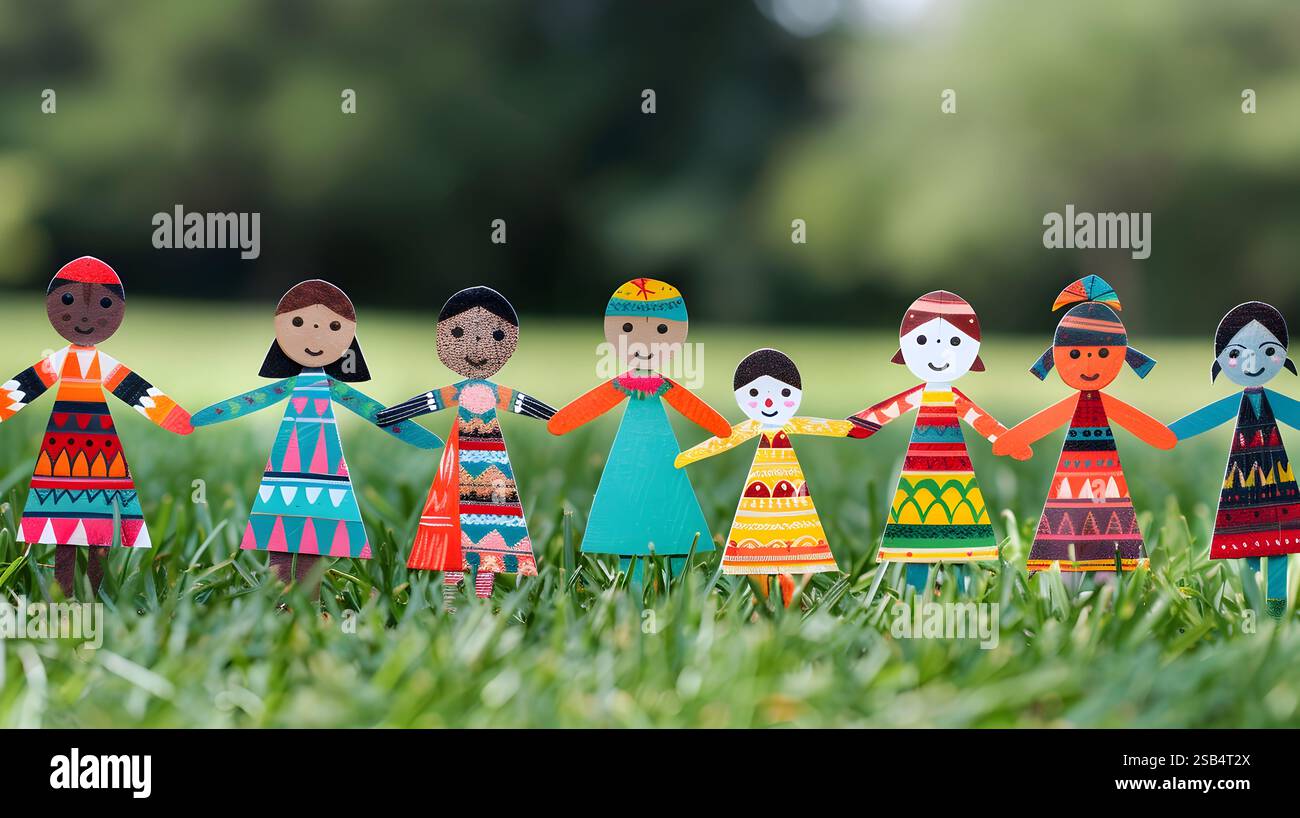 A series of paper dolls, cut from different cultural backgrounds, hold ...