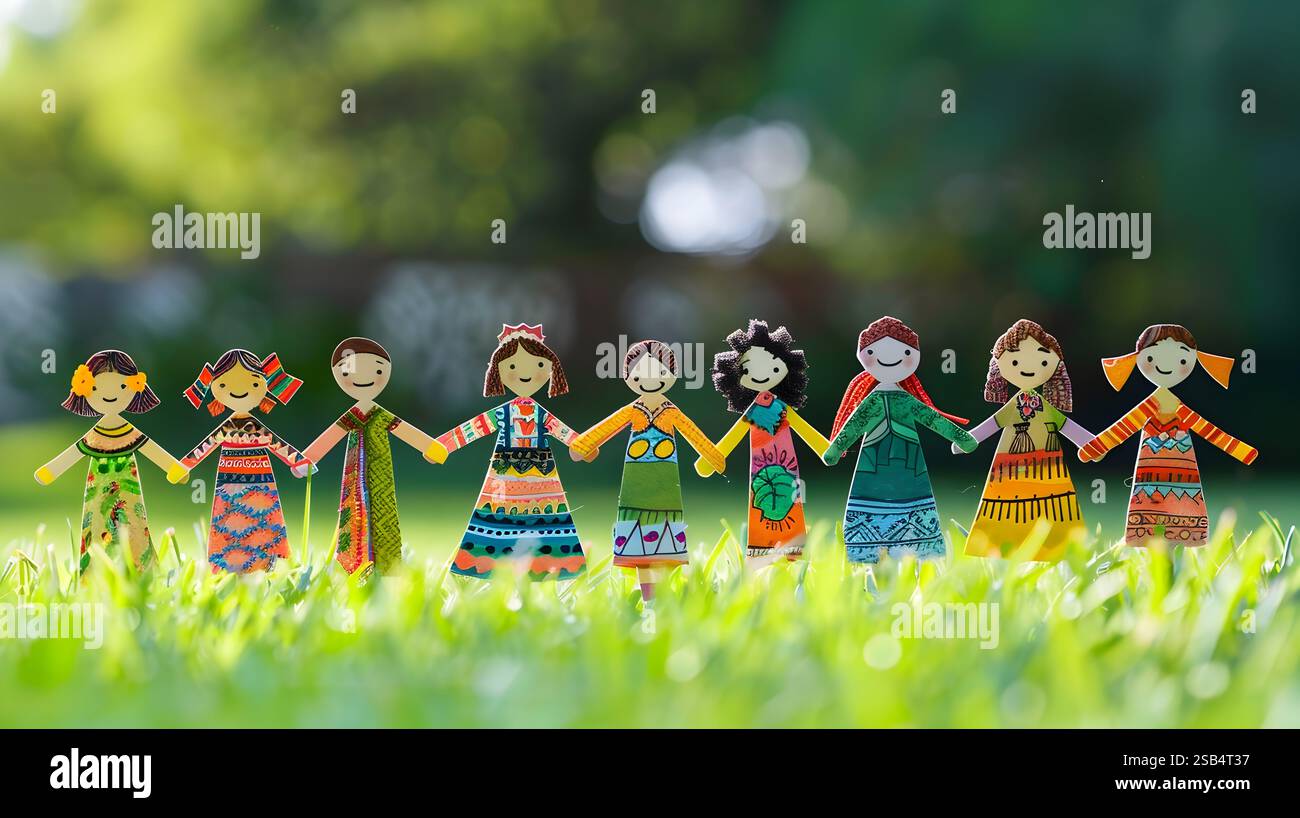 A series of paper dolls, cut from various cultural backgrounds, are ...