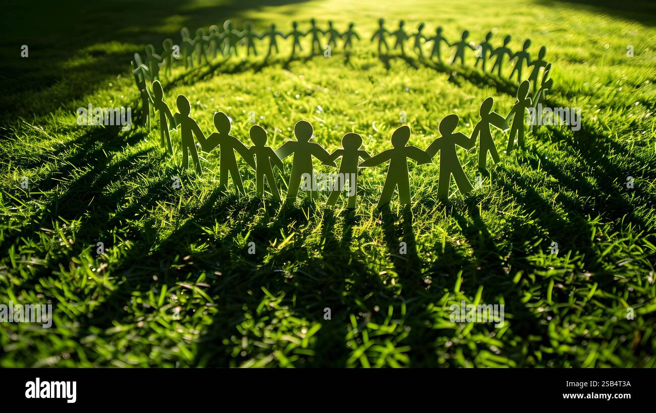 A paper chain in the shape of a circle lies gracefully on a lush green ...
