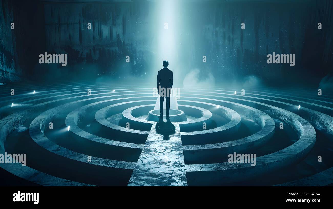An entrepreneur stands at the entrance of a labyrinth, with a spotlight ...