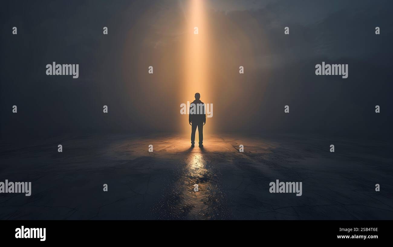 A focused entrepreneur stands under a bright spotlight, exuding ...