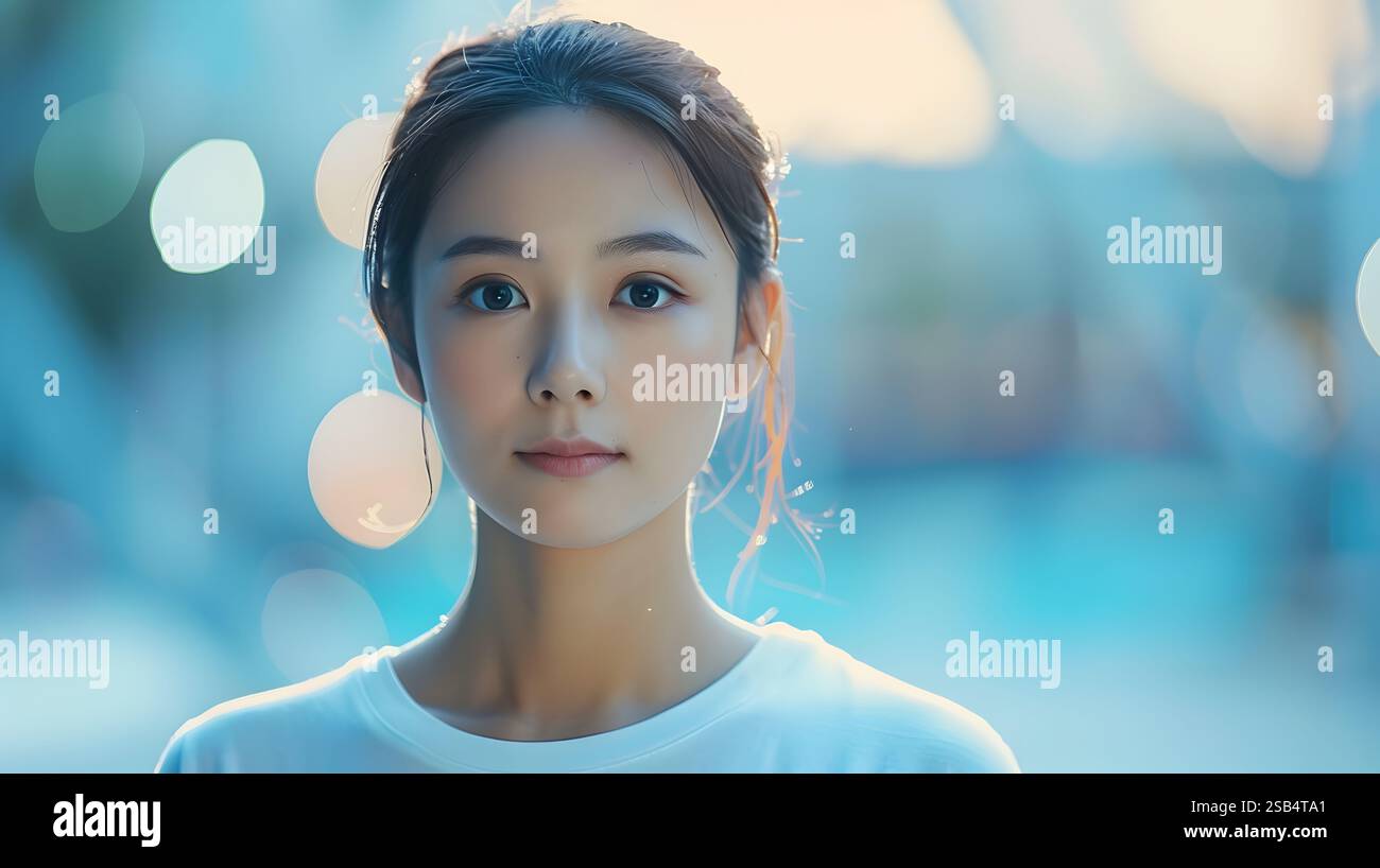 A thoughtfully poised Asian woman dons a simple white tee, set against ...