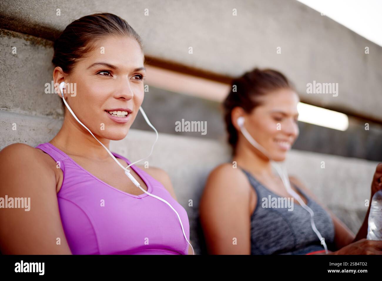 Music, relax and runner with family in city for fitness podcast ...