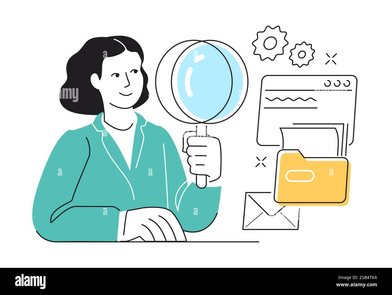 Conducting document audit, accounting, search or research. Woman with magnifying glass checking ...