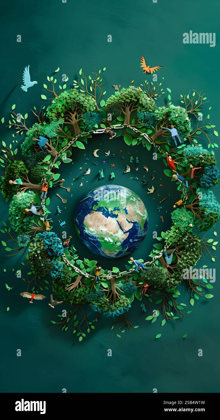 A whimsical depicts a human chain formed around the Earth, symbolizing ...