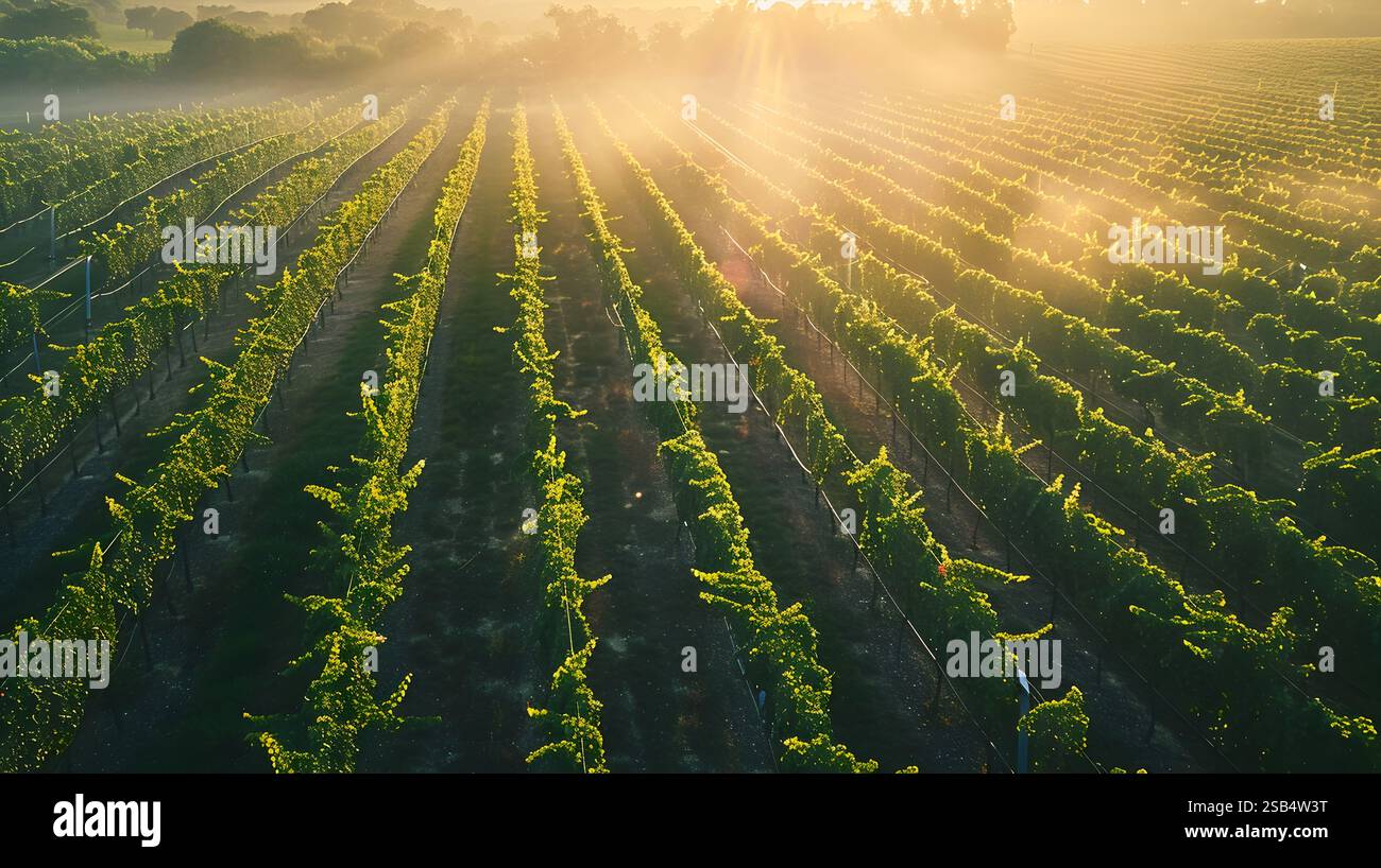 An aerial view of a vast vineyard reveals the tranquil beauty of ...