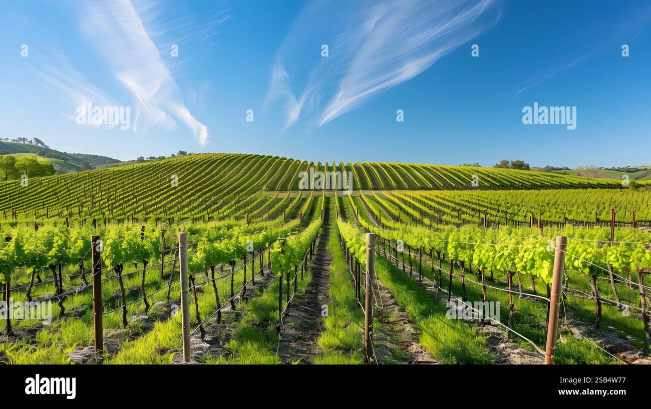 A breathtaking panoramic view of a spring vineyard reveals lush, green grapevines stretching ...