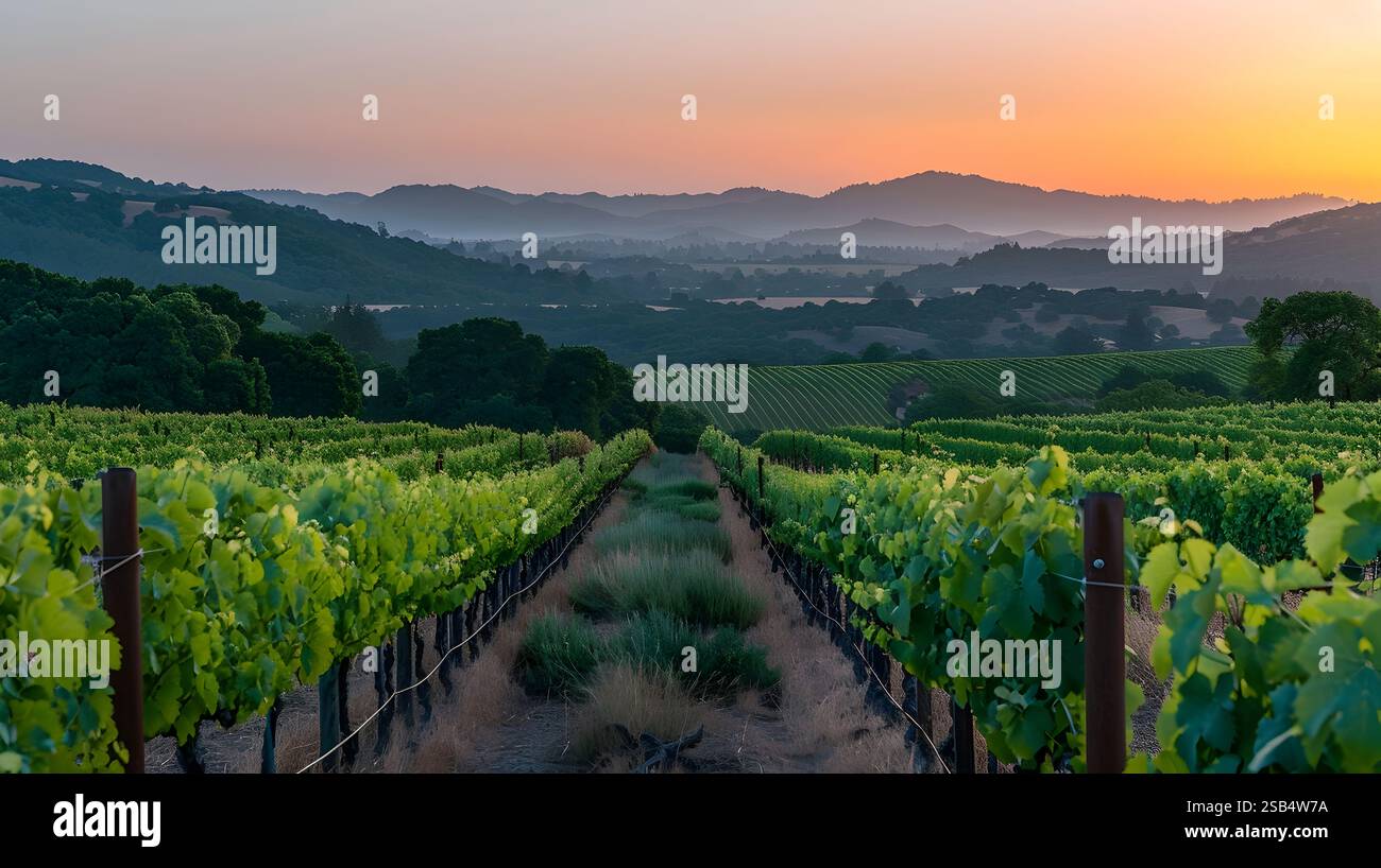 A soothing twilight scene unfolds across rolling vineyards, with rows ...
