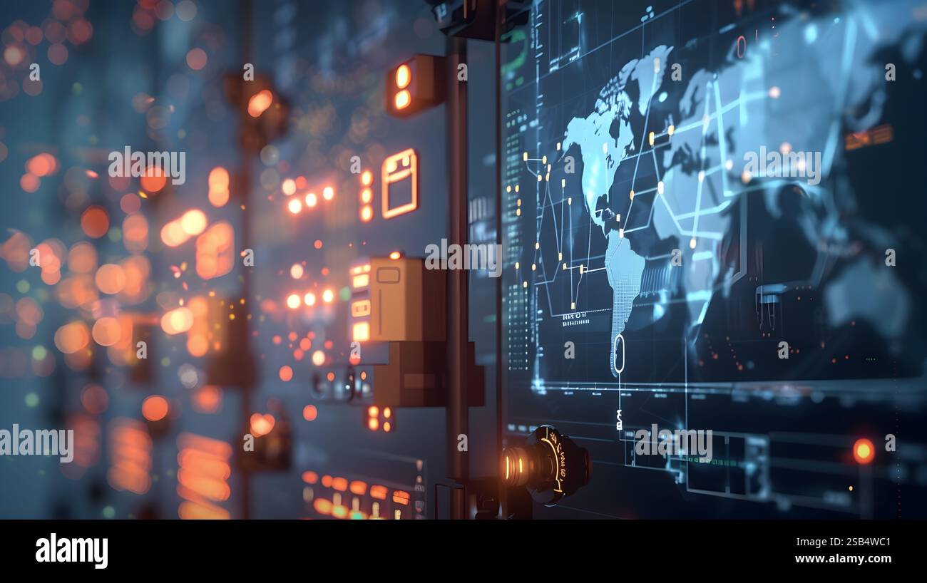 This striking digital visualization depicts a global map overlaid with ...