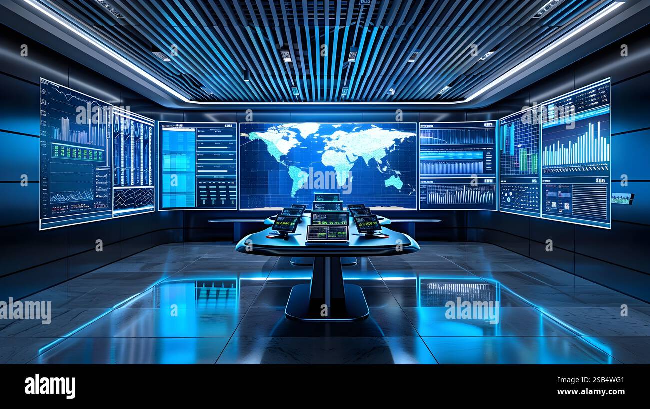 This image depicts a sophisticated high-tech control room with multiple ...