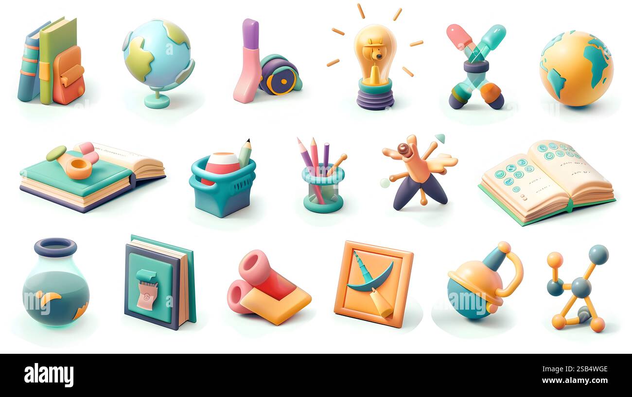 This set of 3D icons in a cartoon style covers a range of educational ...