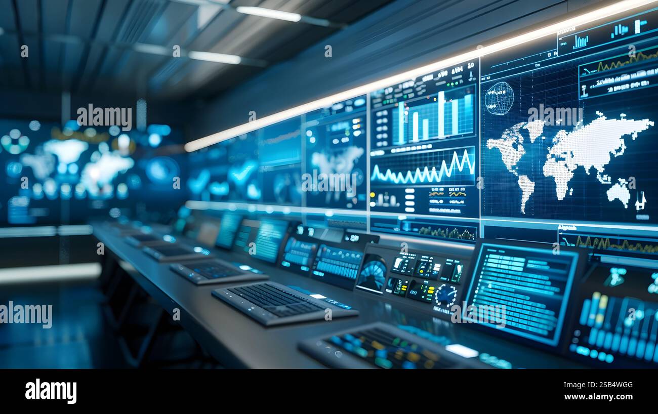 This high-tech control room features an array of digital screens and displays showcasing live ...