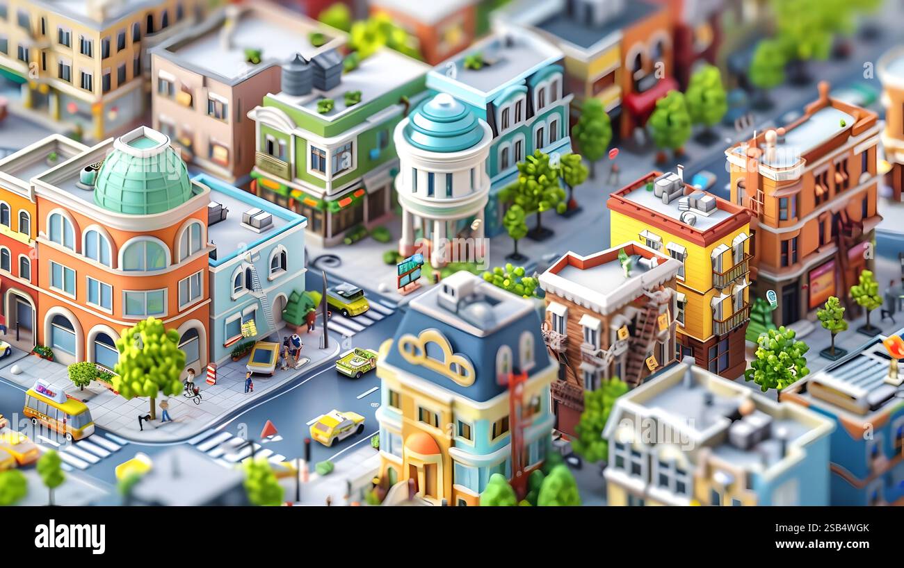 This vibrant 3D depicts a lively and dynamic cityscape,featuring a ...