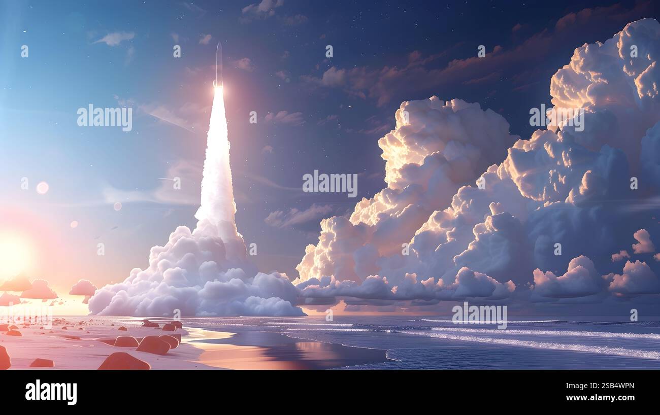 This striking image depicts the dramatic launch of a military missile ...