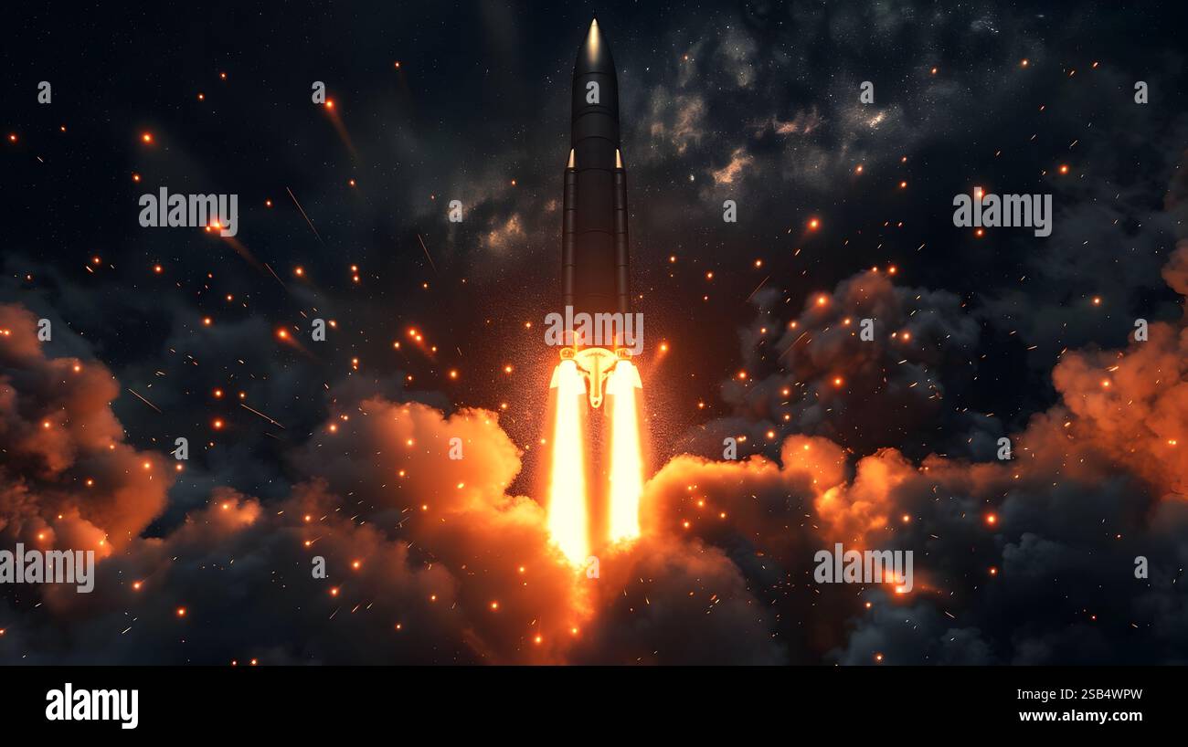 This dramatic 3D rendering depicts the launch of a powerful missile at ...