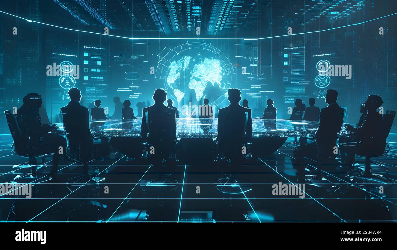 This image showcases a state-of-the-art 3D holographic meeting space ...