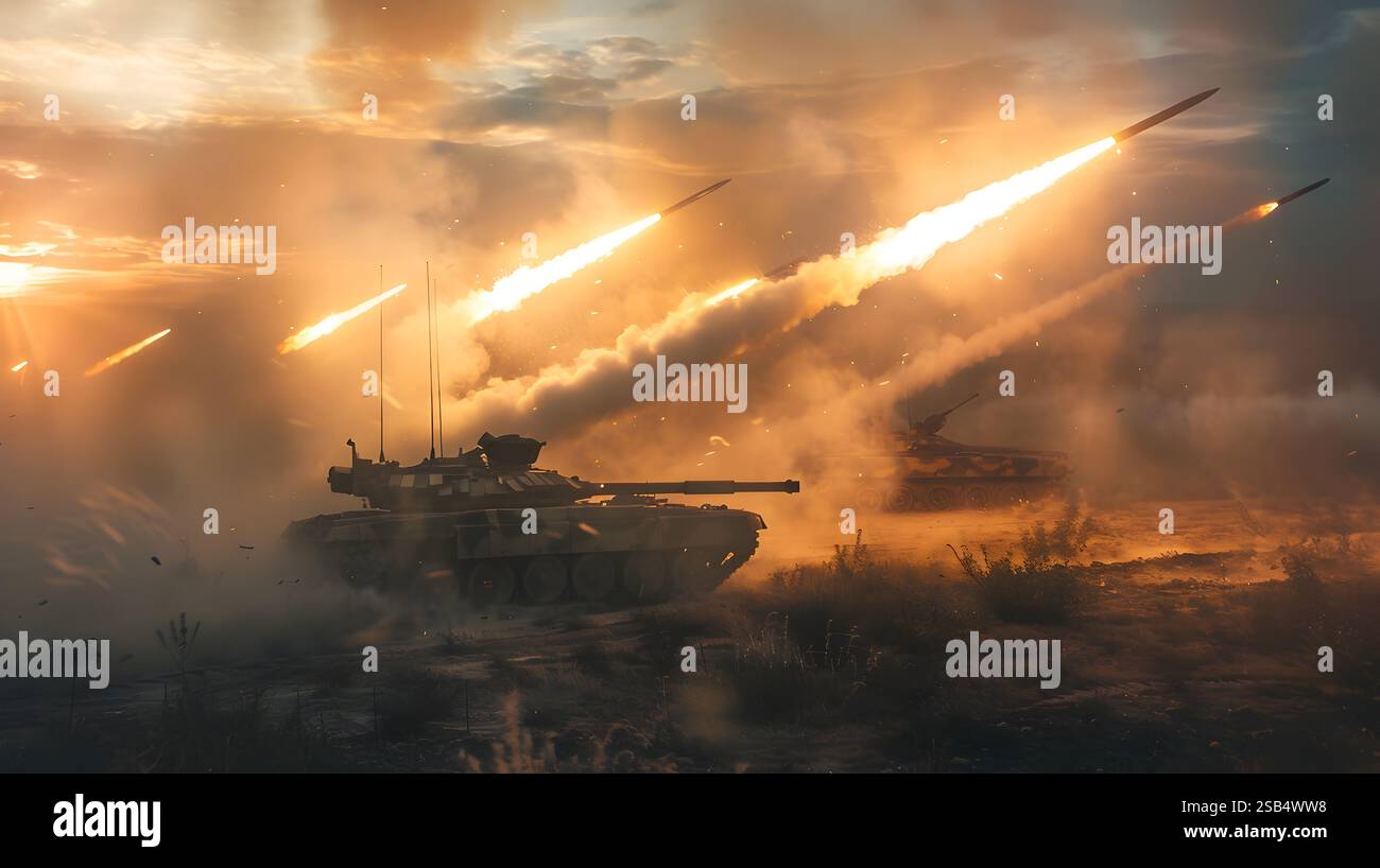 An intense scene of multiple missiles firing simultaneously from a ...