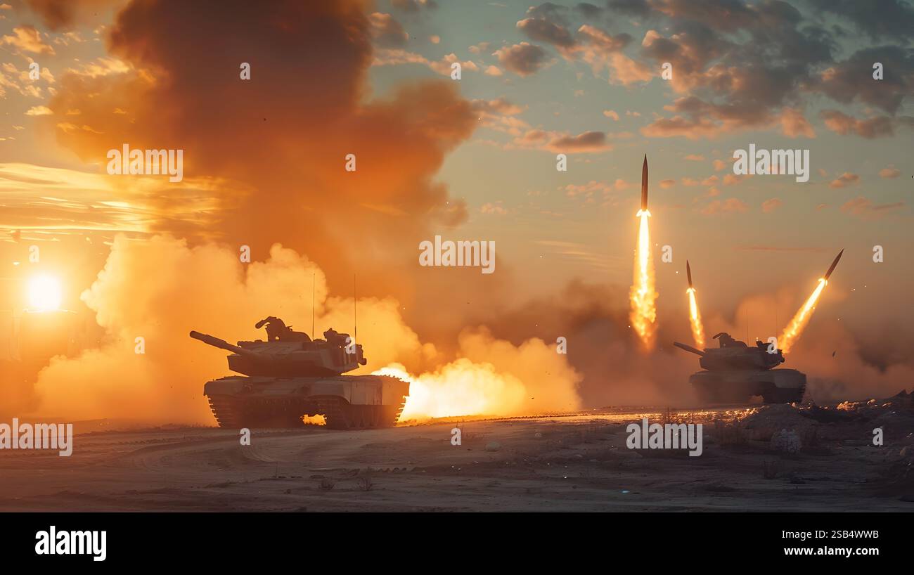 A dramatic scene of multiple missiles firing simultaneously from the ...