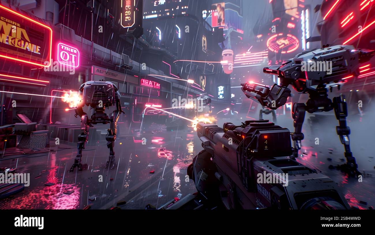 In a futuristic and gritty urban environment,advanced robots are ...
