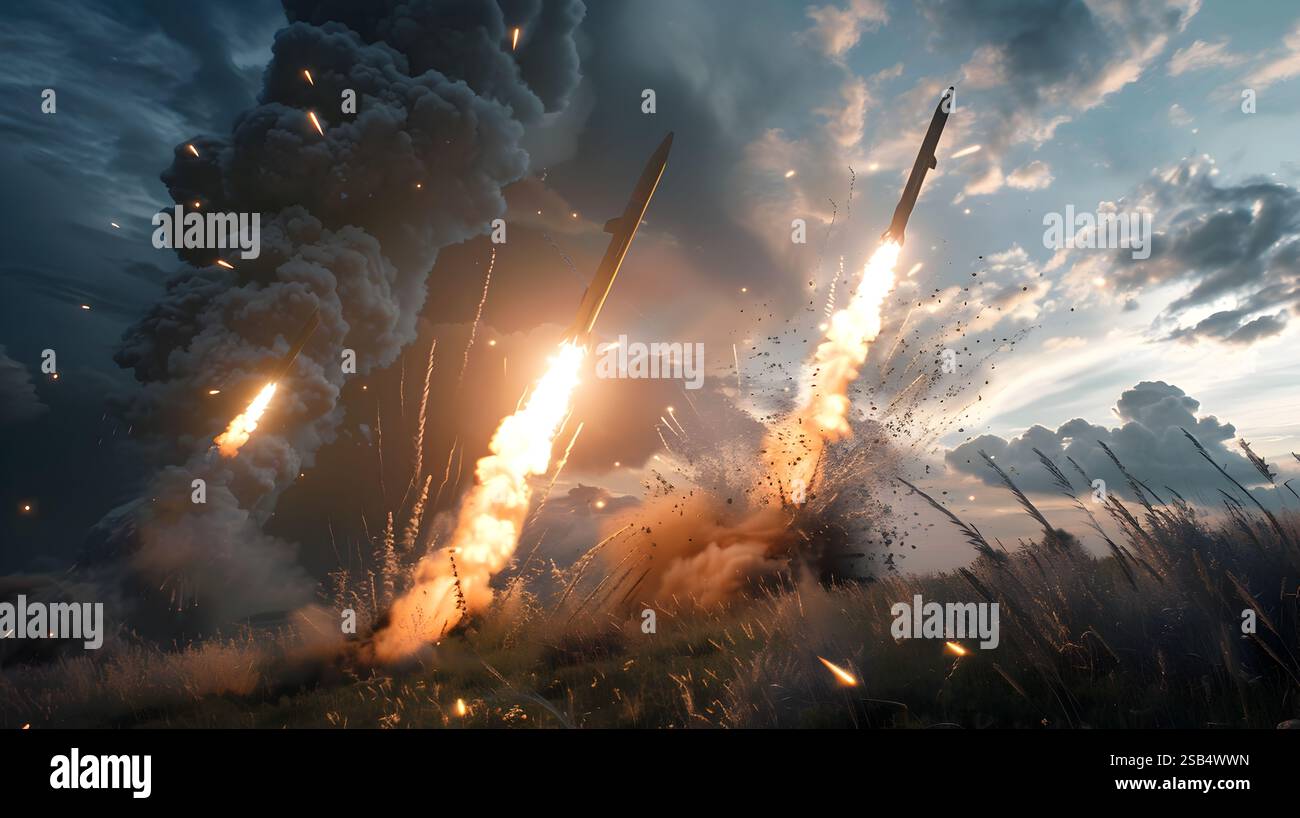 Dramatic 3D rendering depicting an intense air-to-ground missile strike ...
