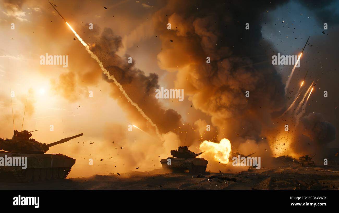 This dramatic image captures the intense moment of multiple missiles ...