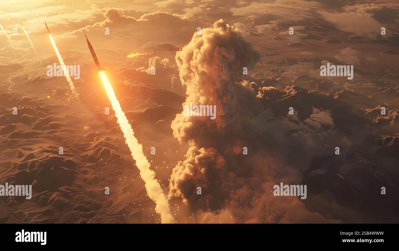 A dramatic and 3D rendered scene depicting an intense air-to-ground ...