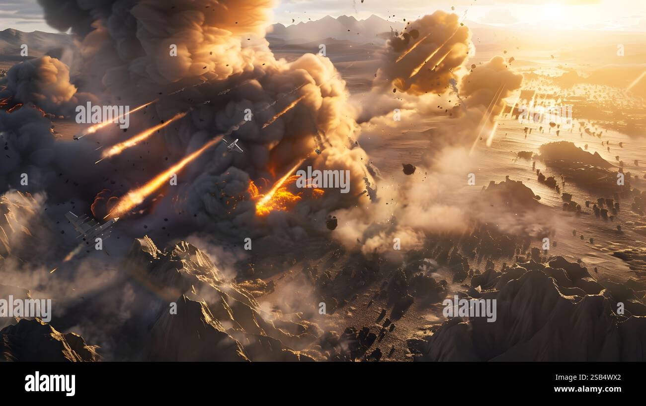 This dramatic and intense image depicts a 3D rendering of an air-to ...