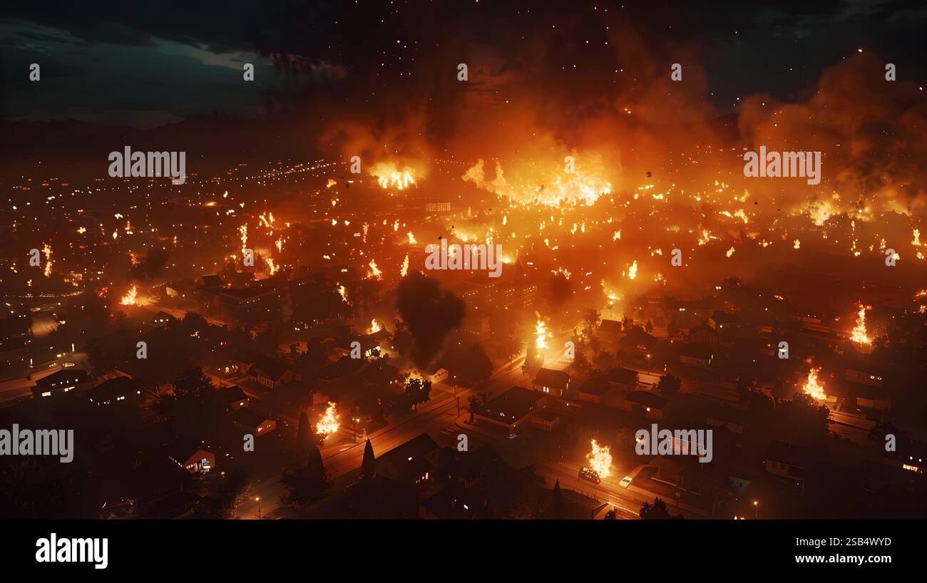This dramatic nighttime aerial image captures the devastating aftermath ...