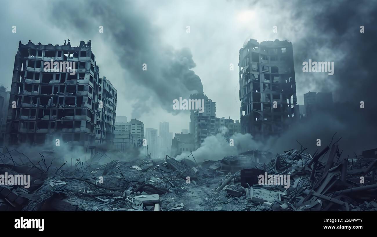 The image depicts a harrowing,post-apocalyptic scene of a city ravaged ...
