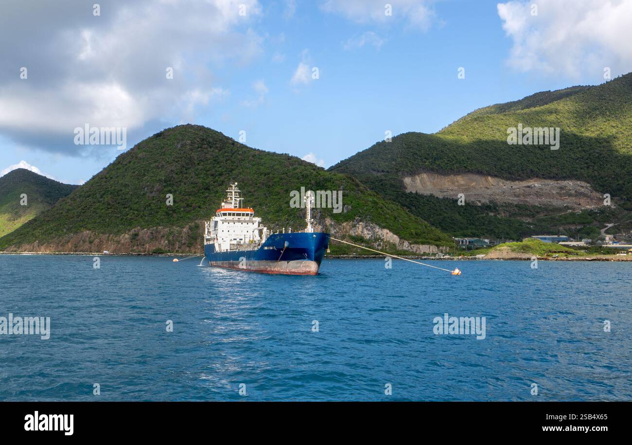 Blue tanker at anchor near Tortola island, BVI Stock Photo - Alamy