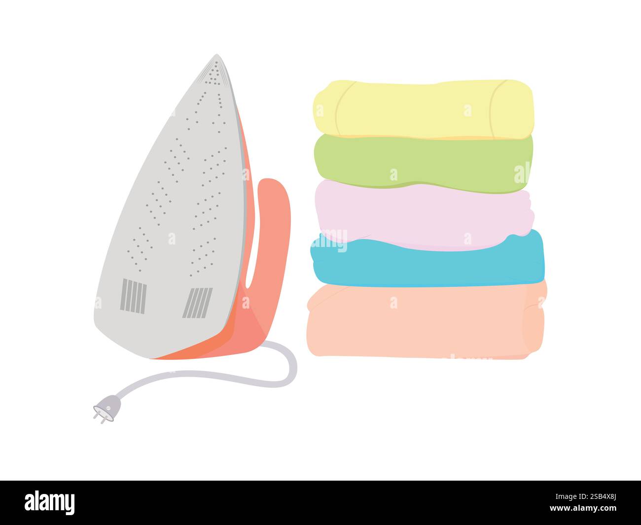 Iron for ironing and a stack of ironed clothes. Vector illustration on ...