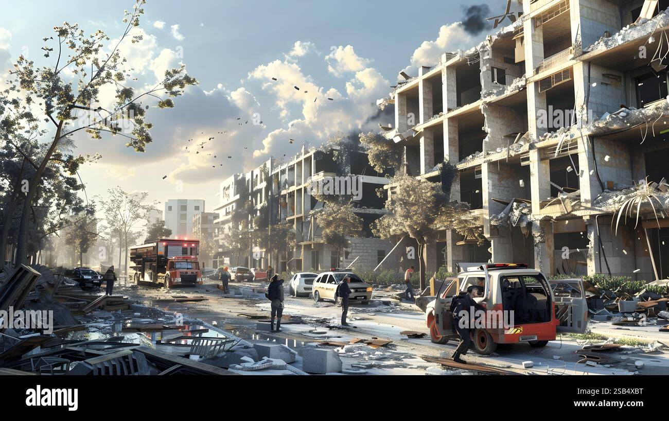 This 3D rendering depicts the devastating aftermath of a bombing in a ...