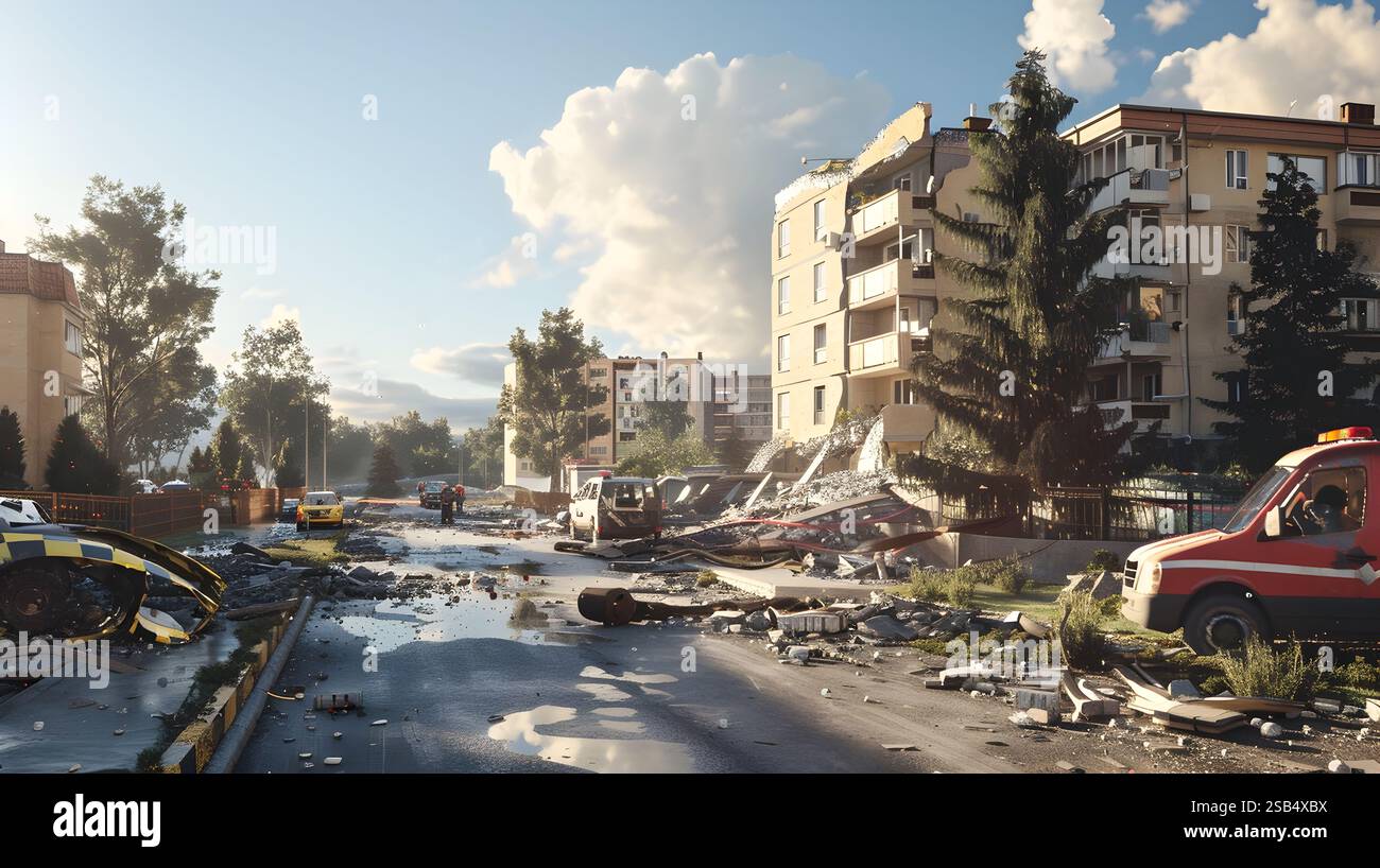 The image depicts the aftermath of a devastating explosion or similar ...