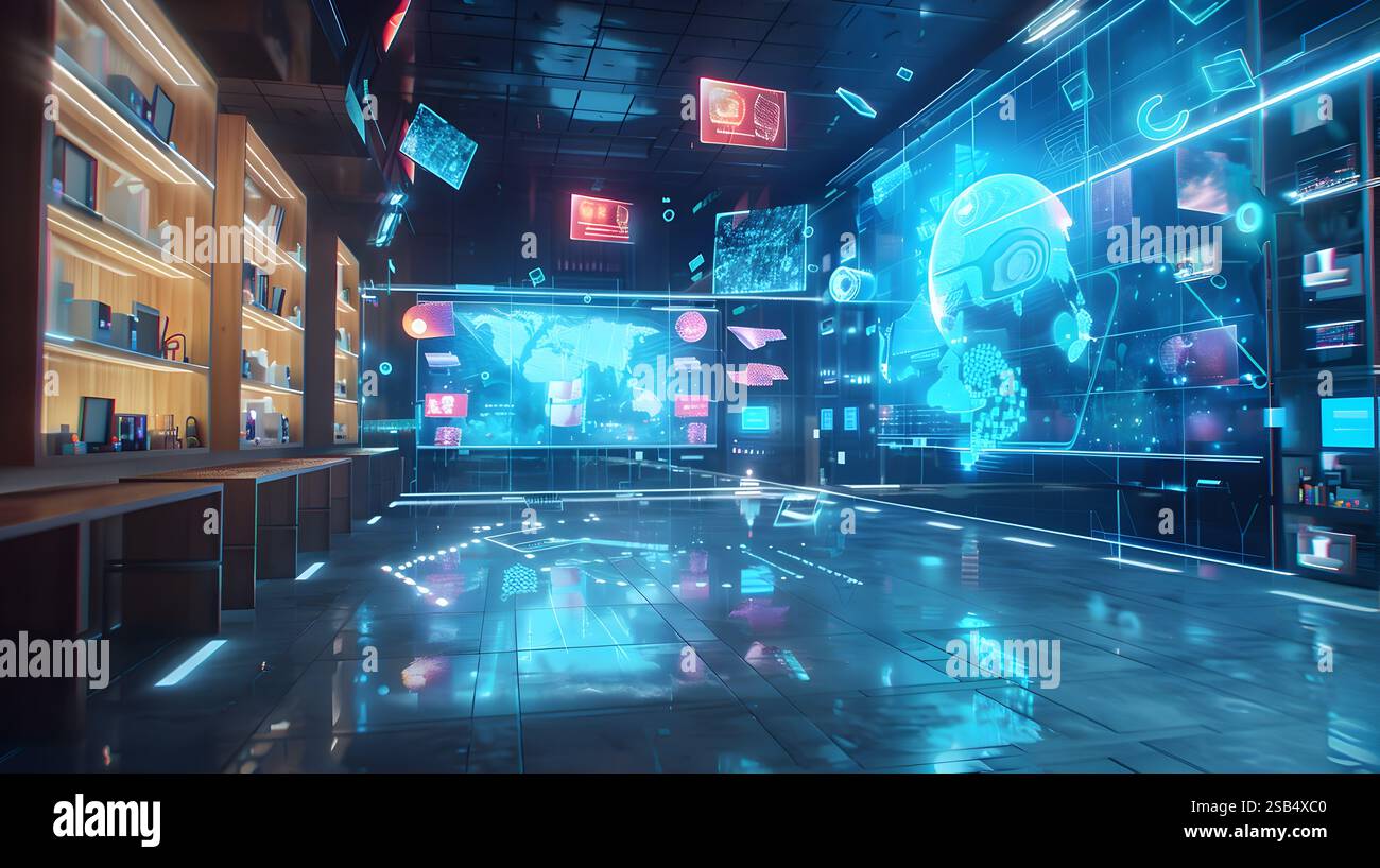 A captivating scene of a futuristic virtual classroom,where holographic ...