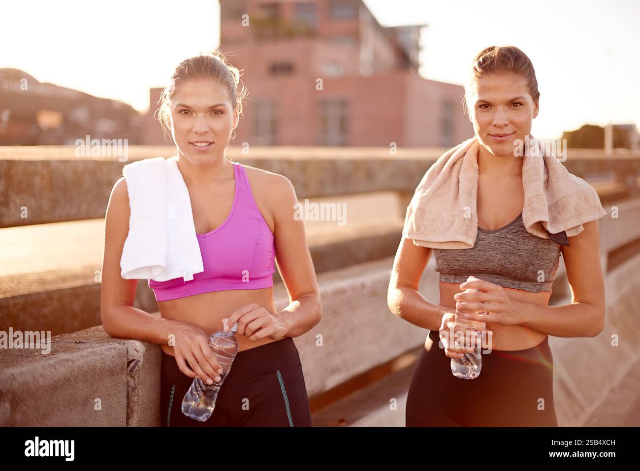 Fitness, city and women on road with portrait for marathon exercise ...
