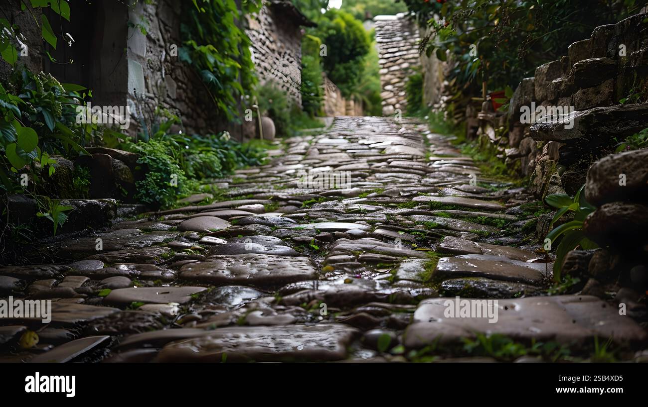 This ancient cobblestone path, nestled in a historic village, connects ...