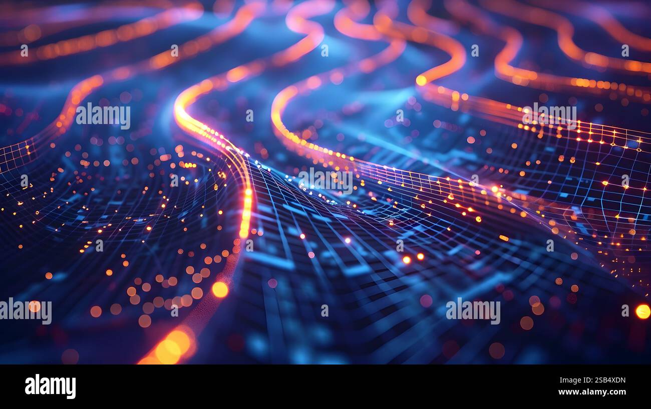 This stylized image showcases a digital network, with glowing lines ...