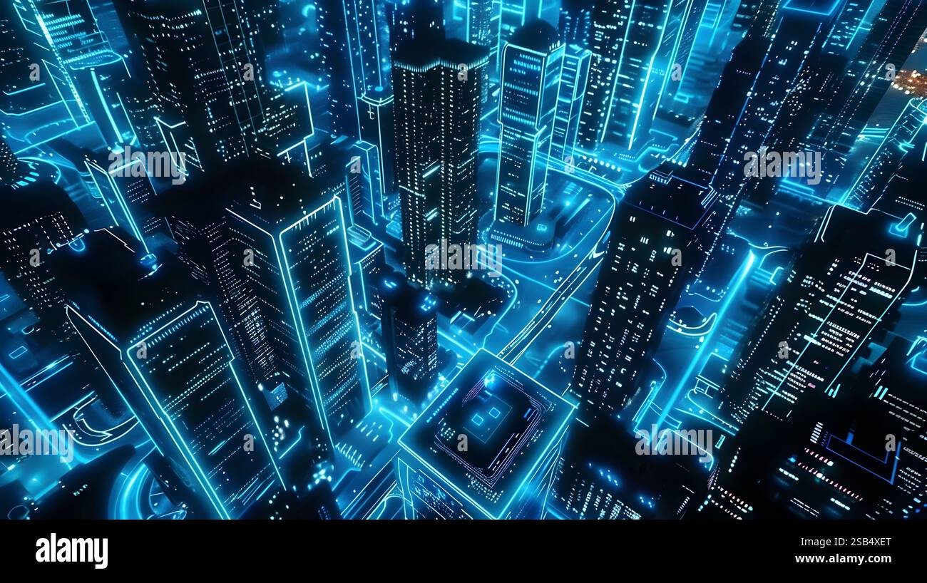 This aerial view of a sci-fi city at night reveals an intricate ... This aerial view of a sci-fi city at night reveals an intricate ...