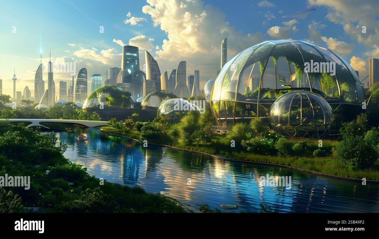 This panoramic view of a futuristic city showcases a thriving bio-dome ...