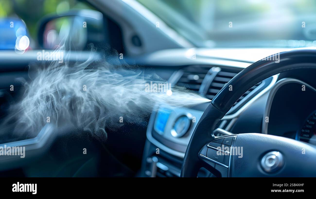 This image depicts the use of an air freshener spray inside a car's ...