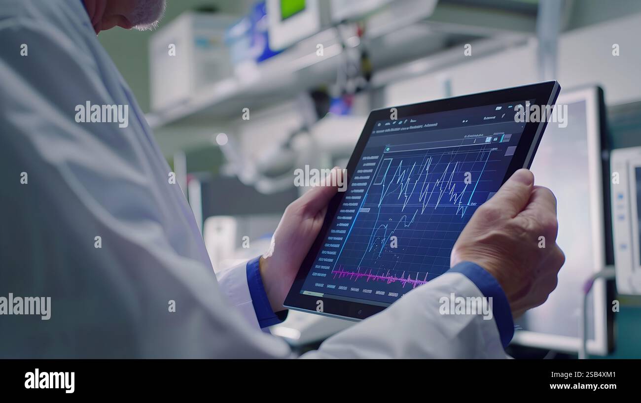 An expert in a laboratory setting examines an animated graph on a digital tablet, revealing the ...