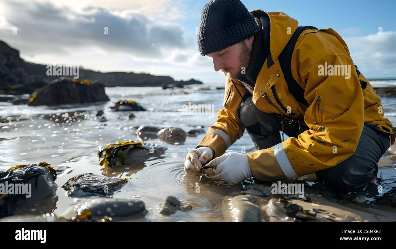 An environmental scientist is seen at a coastal site, carefully ...