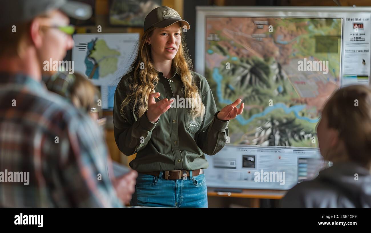 An environmental scientist stands before a community group, presenting ...