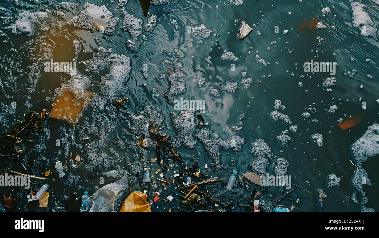 This image depicts a murky water body filled with floating plastic ...